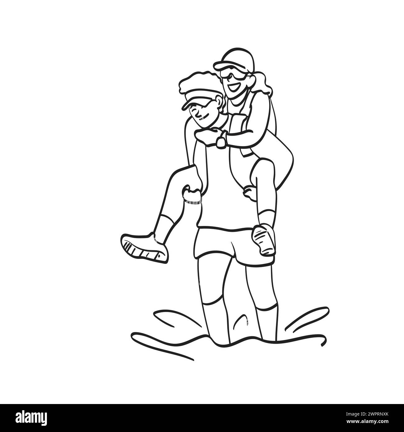 lover couple runner with piggyback in marathon illustration vector hand drawn isolated on white ...