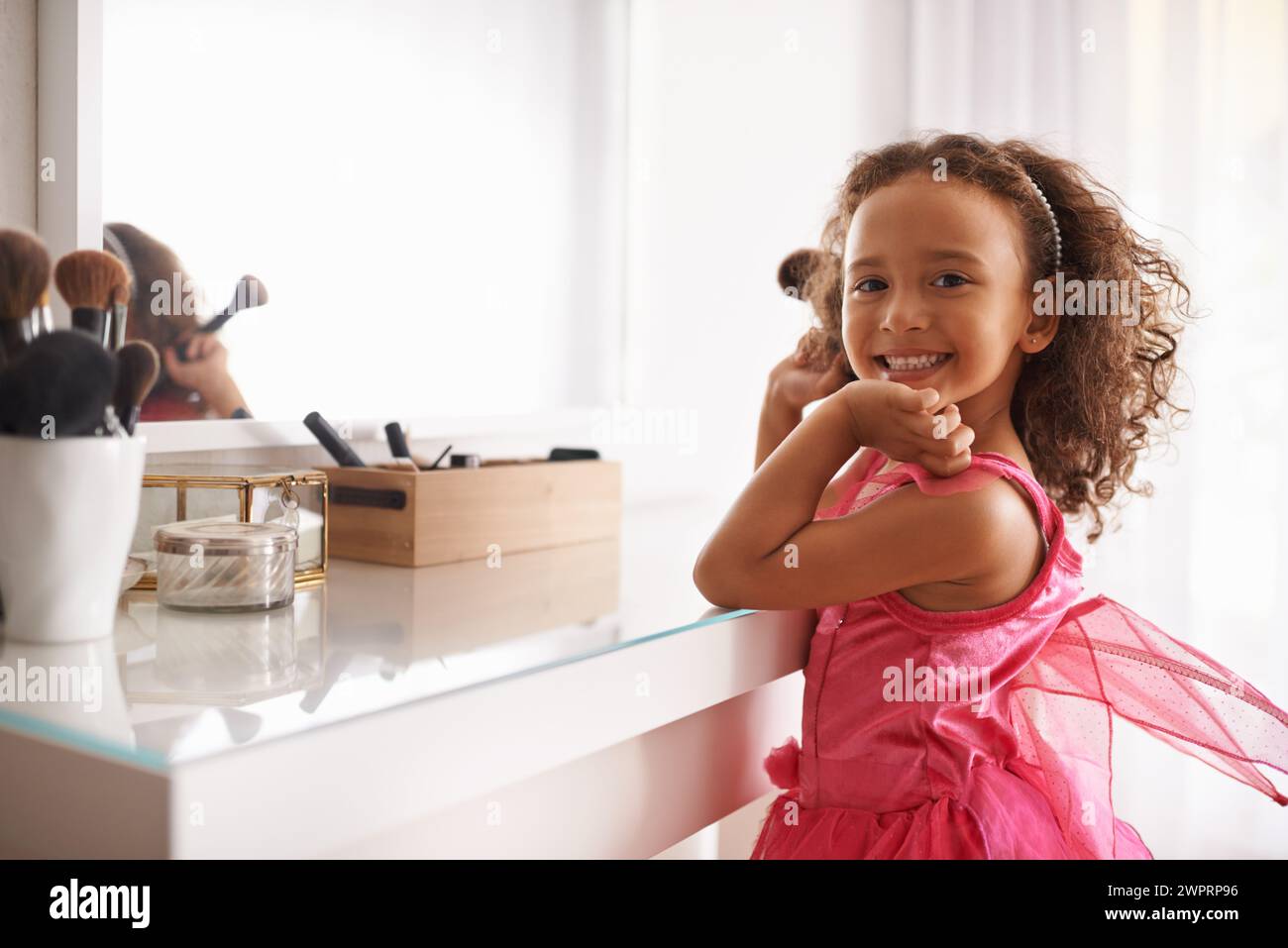 Child, mirror and portrait with makeup in bedroom for cosmetics on skin ...