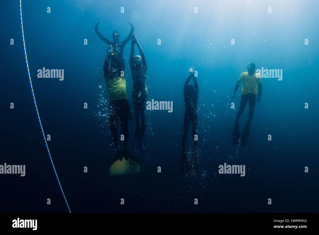 March 04, 2024. Nusa Penida, Indonesia. Group of freedivers in wetsuit ...
