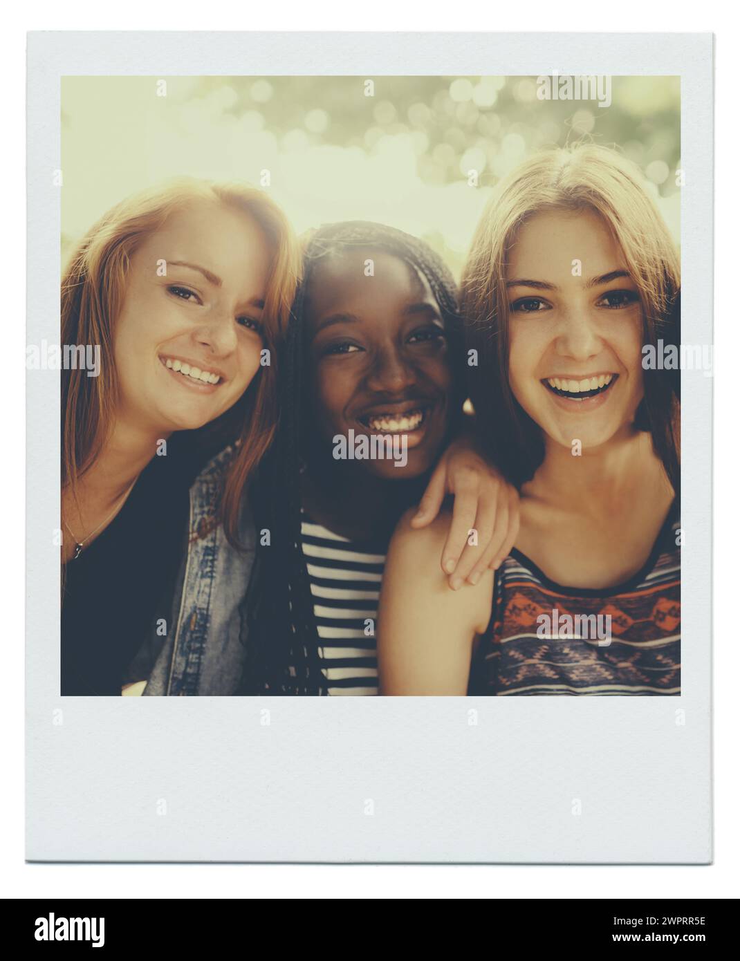 Women, friends and happy portrait in nature as polaroid picture for ...