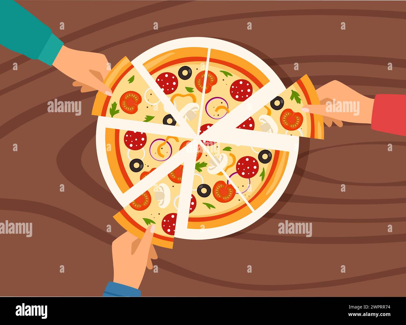 People hands taking triangle pizza slices from dish on table. Top view of Italian fast food at ...