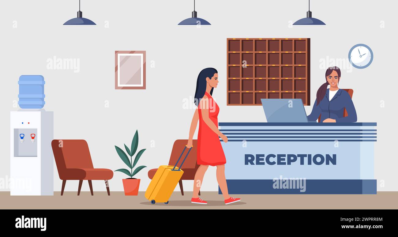 Hotel lobby, reception. Woman receptionist behind the desk, guest with ...
