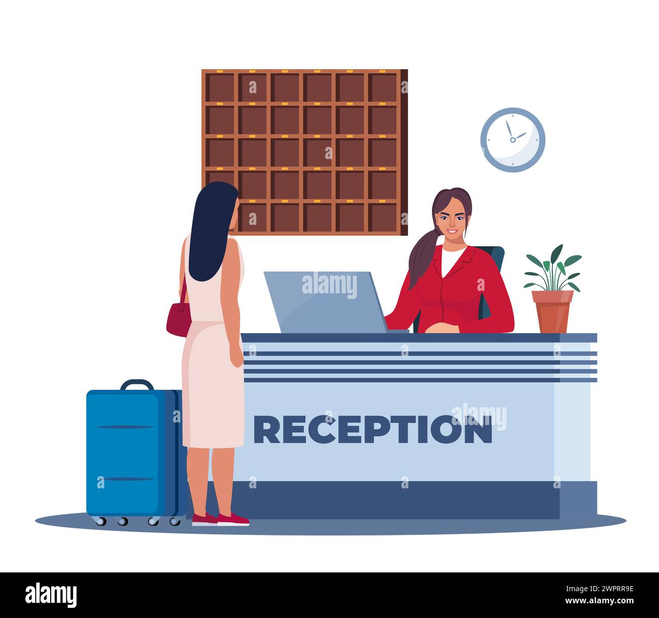 Hotel lobby, reception. Woman receptionist behind the desk, guest with baggage checking in ...