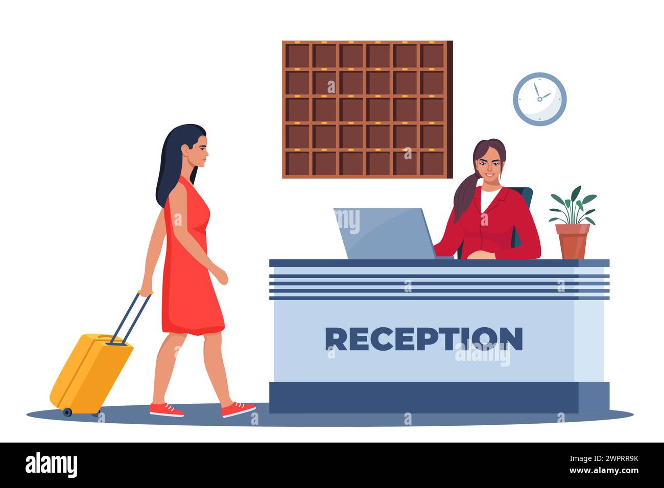 Hotel lobby, reception. Woman receptionist behind the desk, guest with ...