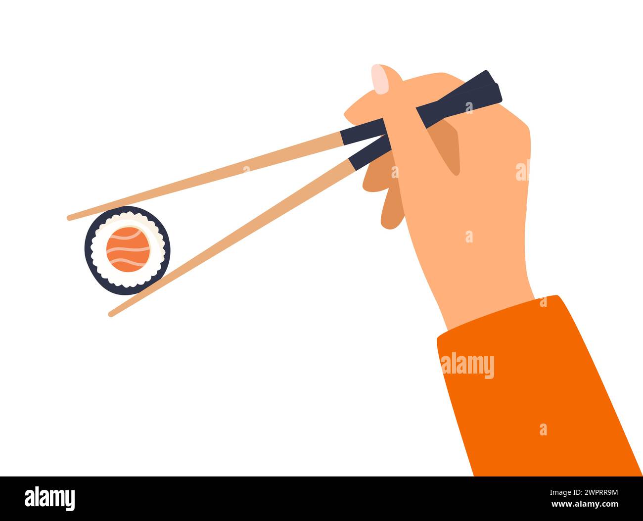 Hand holds chopsticks with sushi. Hand holds bamboo sticks. Asian ...