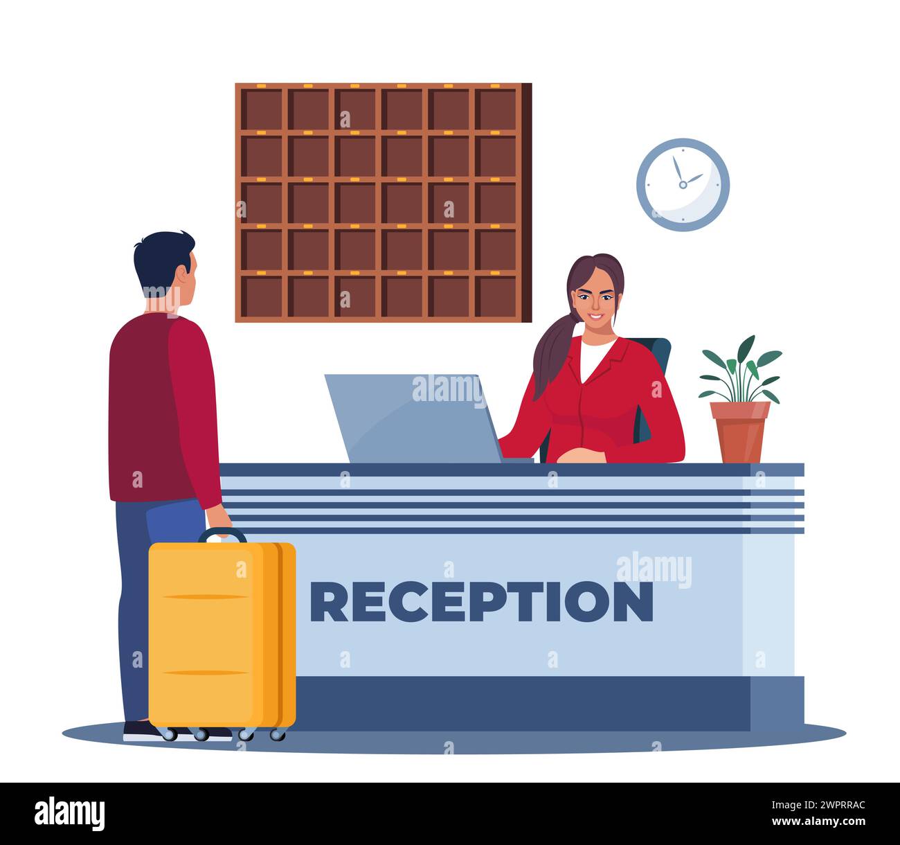 Hotel lobby, reception. Woman receptionist behind the desk, guest with ...