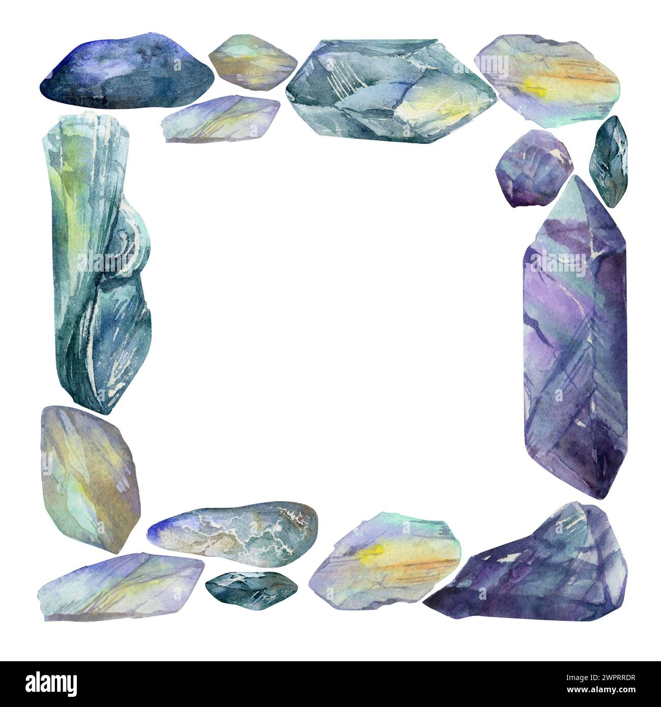 Hand drawn watercolor illustration precious jewel gem crystal chakra ...