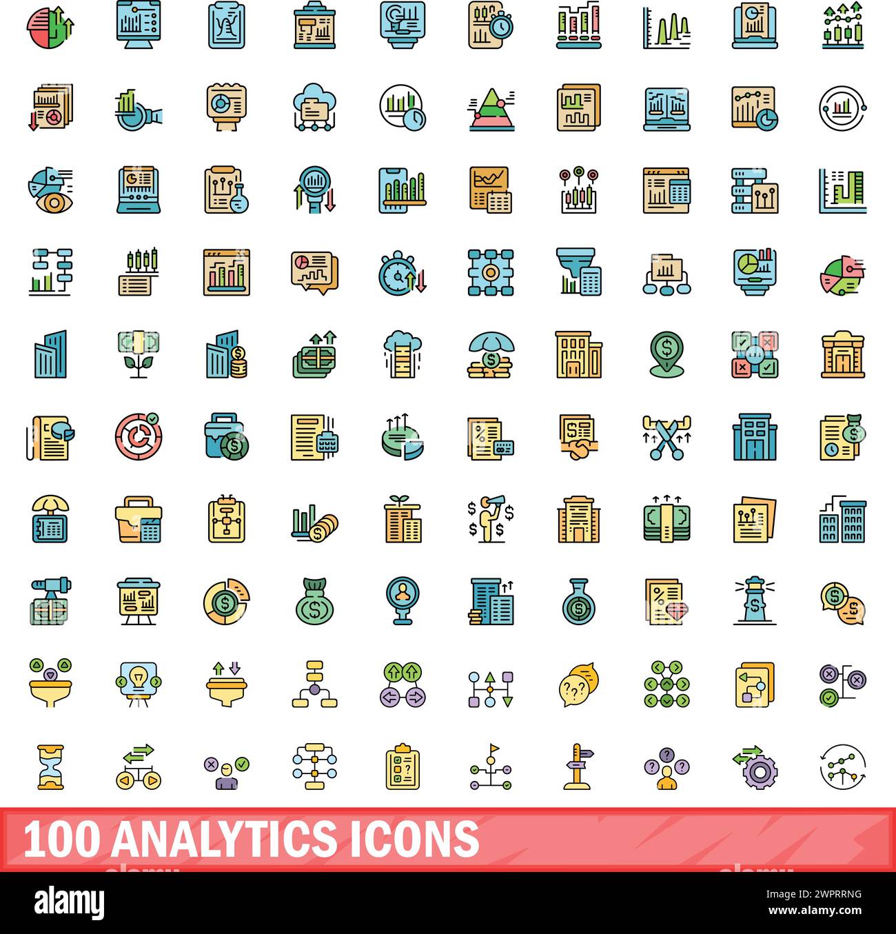 100 analytics icons set. Color line set of analytics vector icons thin ...