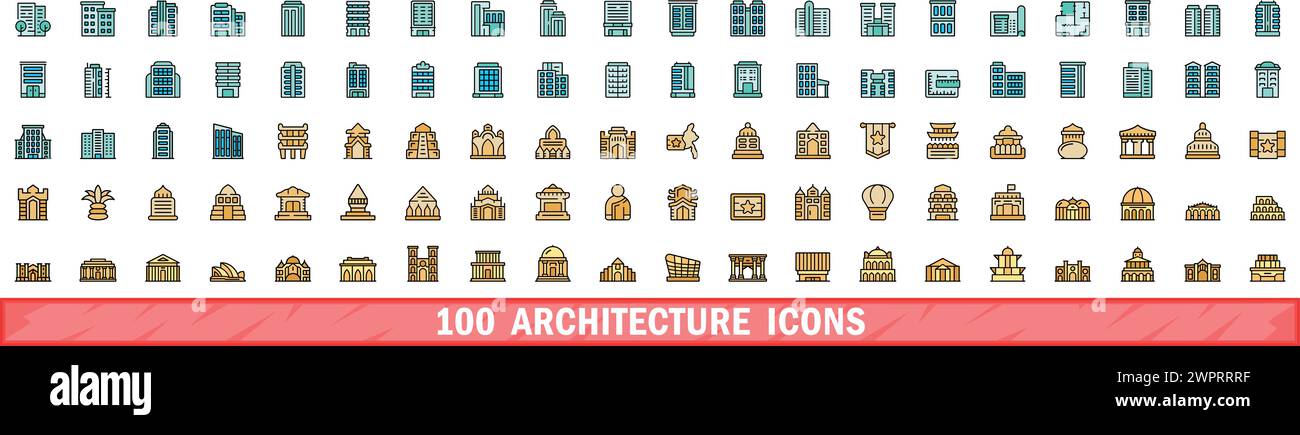 100 architecture icons set. Color line set of architecture vector icons ...