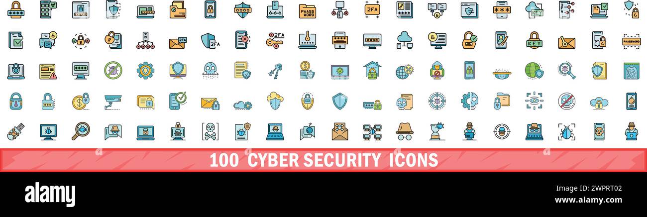 100 cyber security icons set. Color line set of cyber security vector ...
