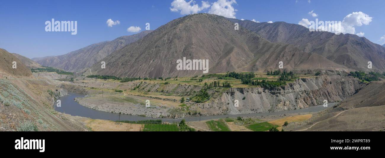 Scenic panoramic view of the Zeravshan river valley between Aini and ...