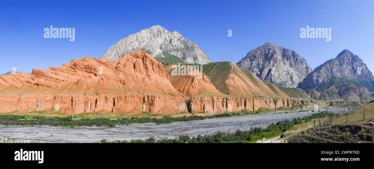 Colorful mountain landscape view in Gulcha river valley in the Alay or ...