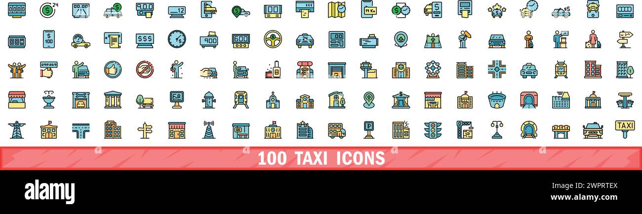 100 taxi icons set. Color line set of taxi vector icons thin line color ...