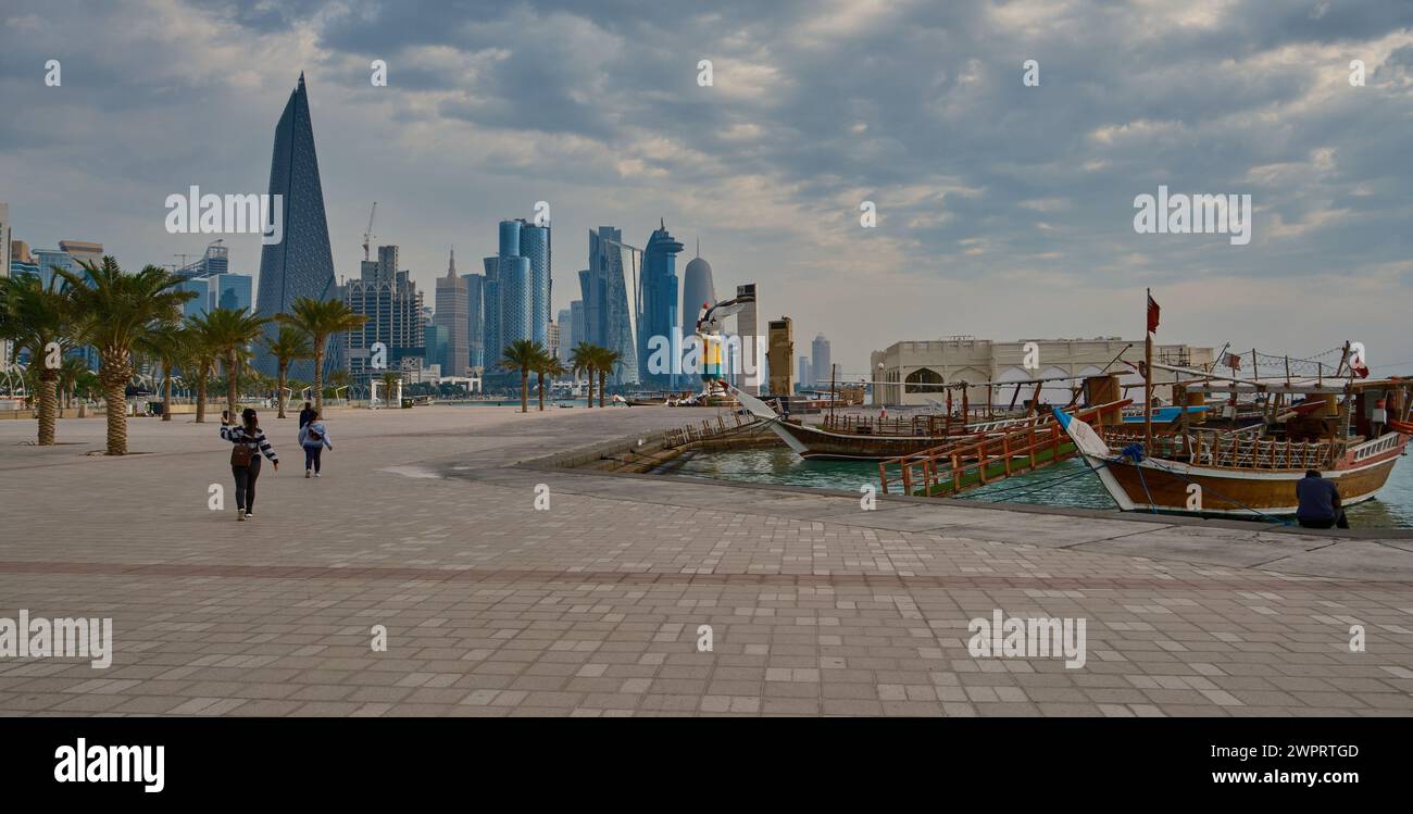 Doha skyline from the Corniche street in Doha, Qatar early morning shot ...