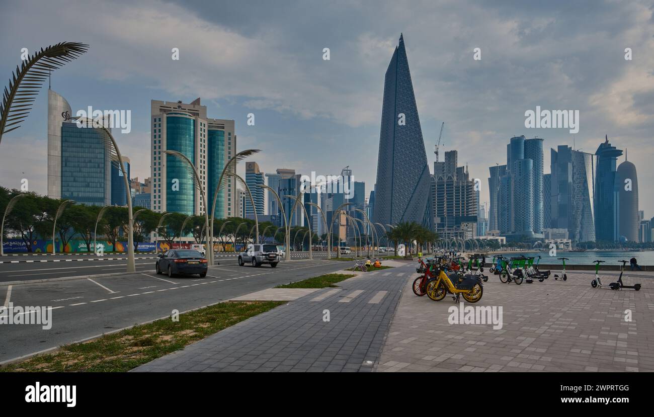 Doha skyline in Doha, Qatar from the corniche promenade early morning ...