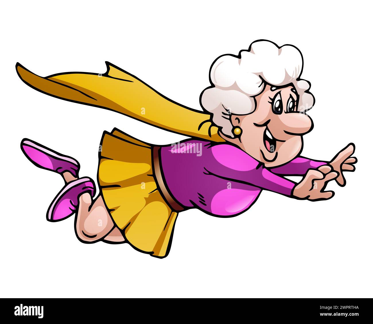 illustration of a eldery senior super woman flying on isolated white ...