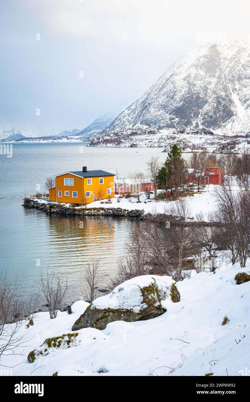 Idyllic view of a classic yellow colored Norwegian house on the shore ...