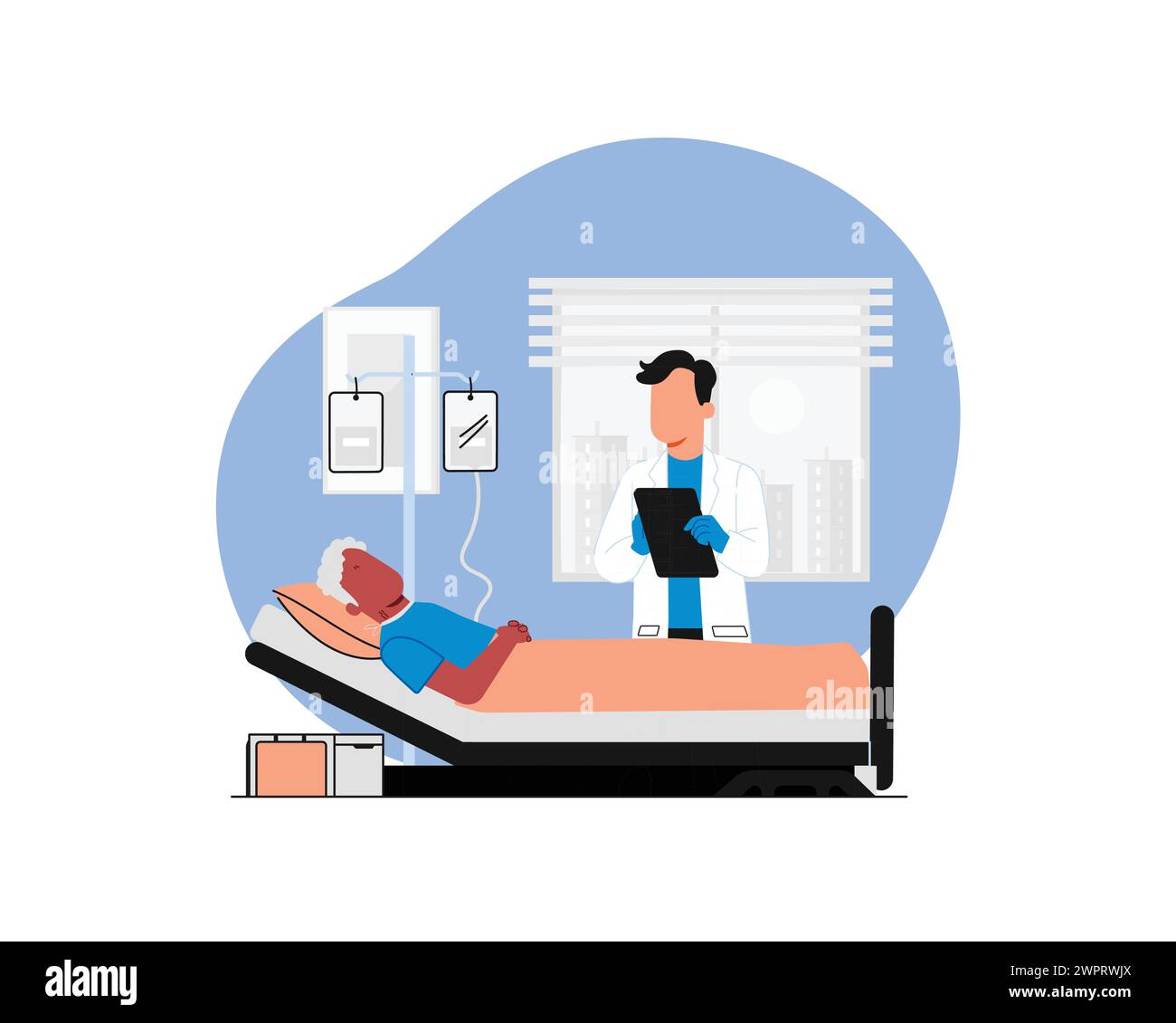 Patient Lying In Hospital Bed And Doctor Examining Patient Vector
