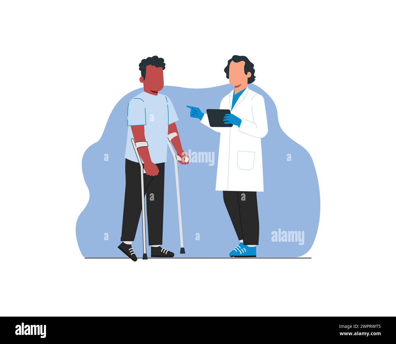 Nurse checks a male patient in crutches. Flat vector illustration Stock ...