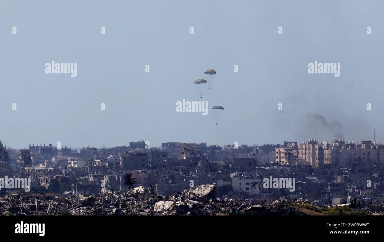 Parachutes of the U.S. military drop humanitarian supplies into the ...