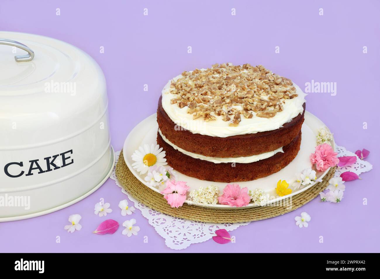 Carrot and walnut cake for birthday party with summer flowers and cake ...