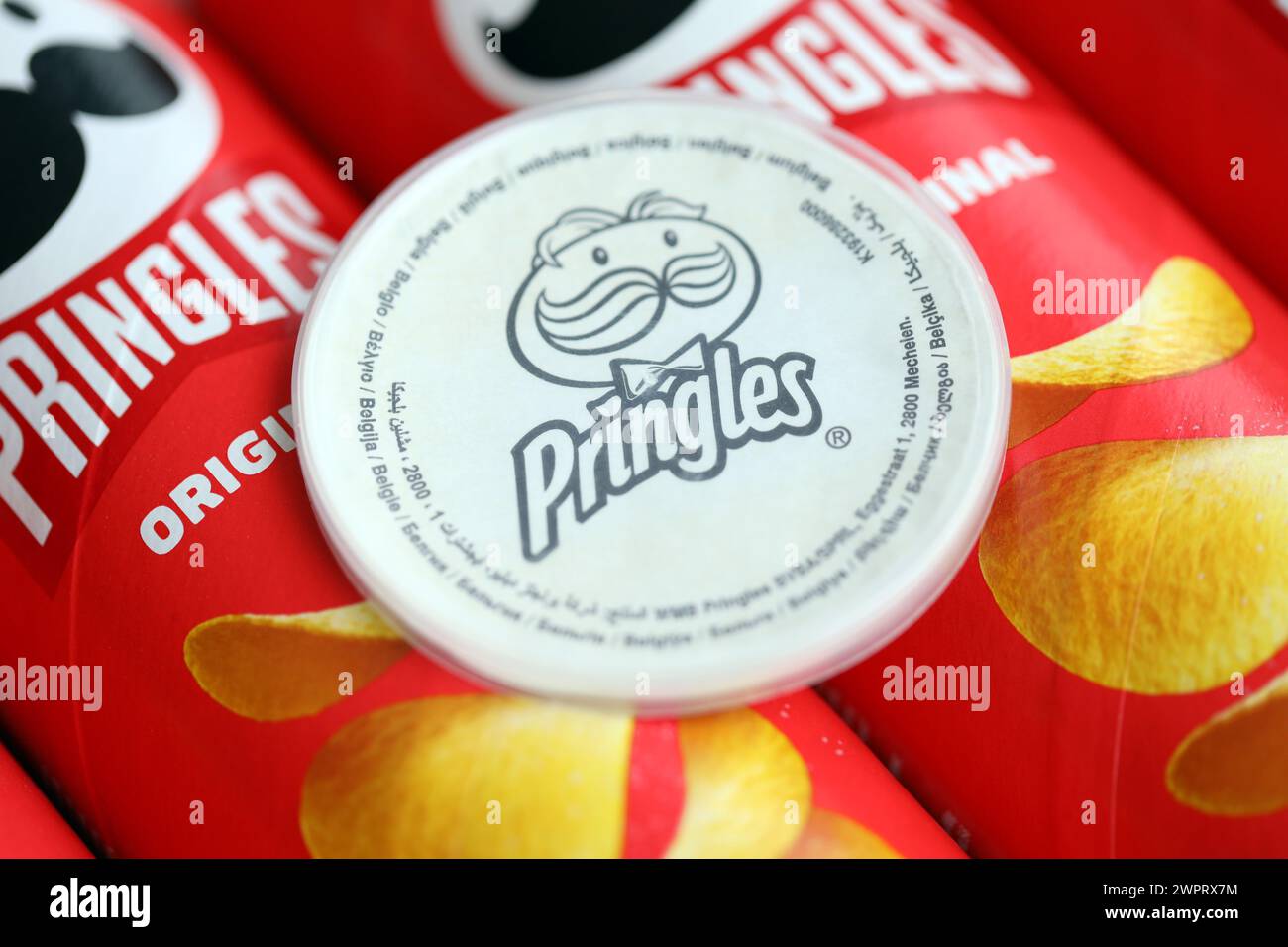 KYIV, UKRAINE - FEBRUARY 27, 2024 Pringles original potato chips on ...