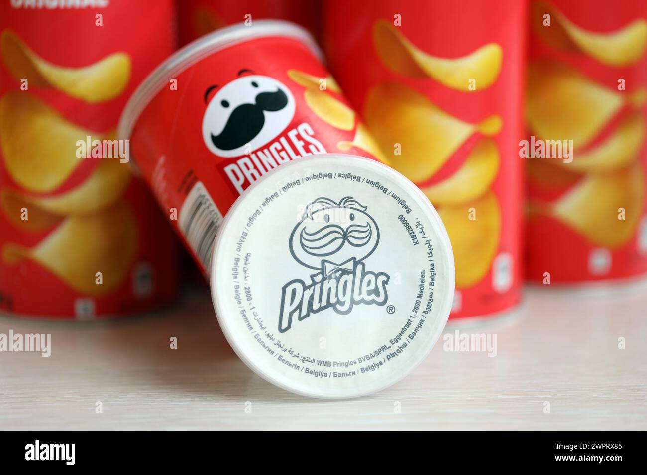 KYIV, UKRAINE - FEBRUARY 27, 2024 Pringles original potato chips on ...
