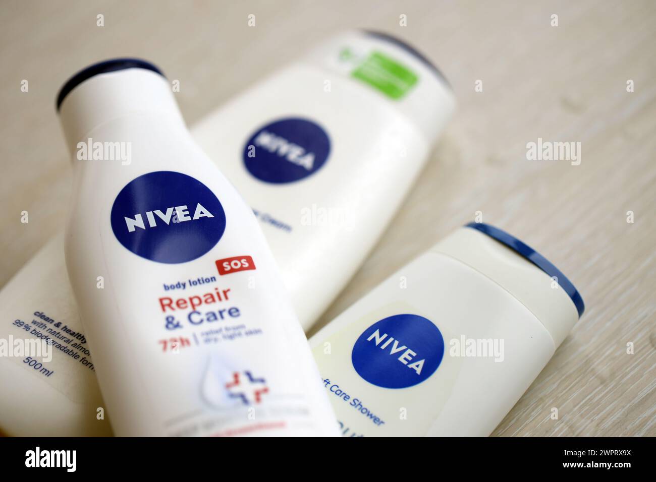 KYIV, UKRAINE - FEBRUARY 27, 2024 Production of Nivea, German personal care brand that ...
