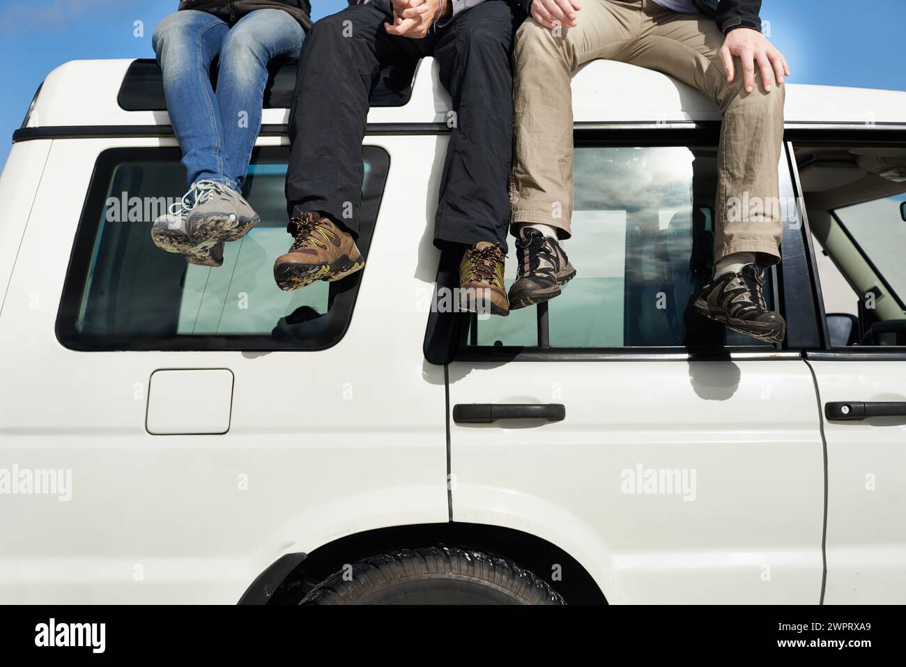 Road trip, people and sitting on jeep, view and route for sightseeing ...