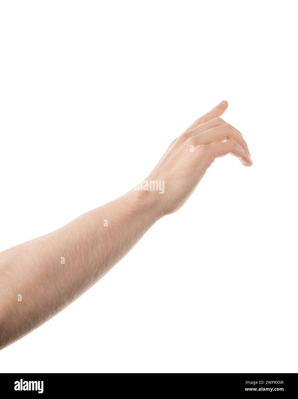 Adult man hand reaching gesture isolated on white background, high ...