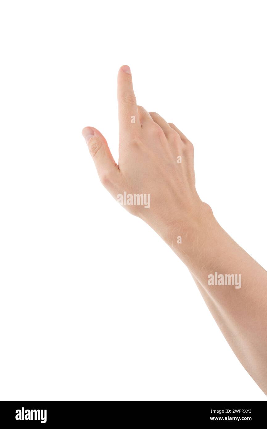 Adult man hand point or click gesture isolated on white background ...