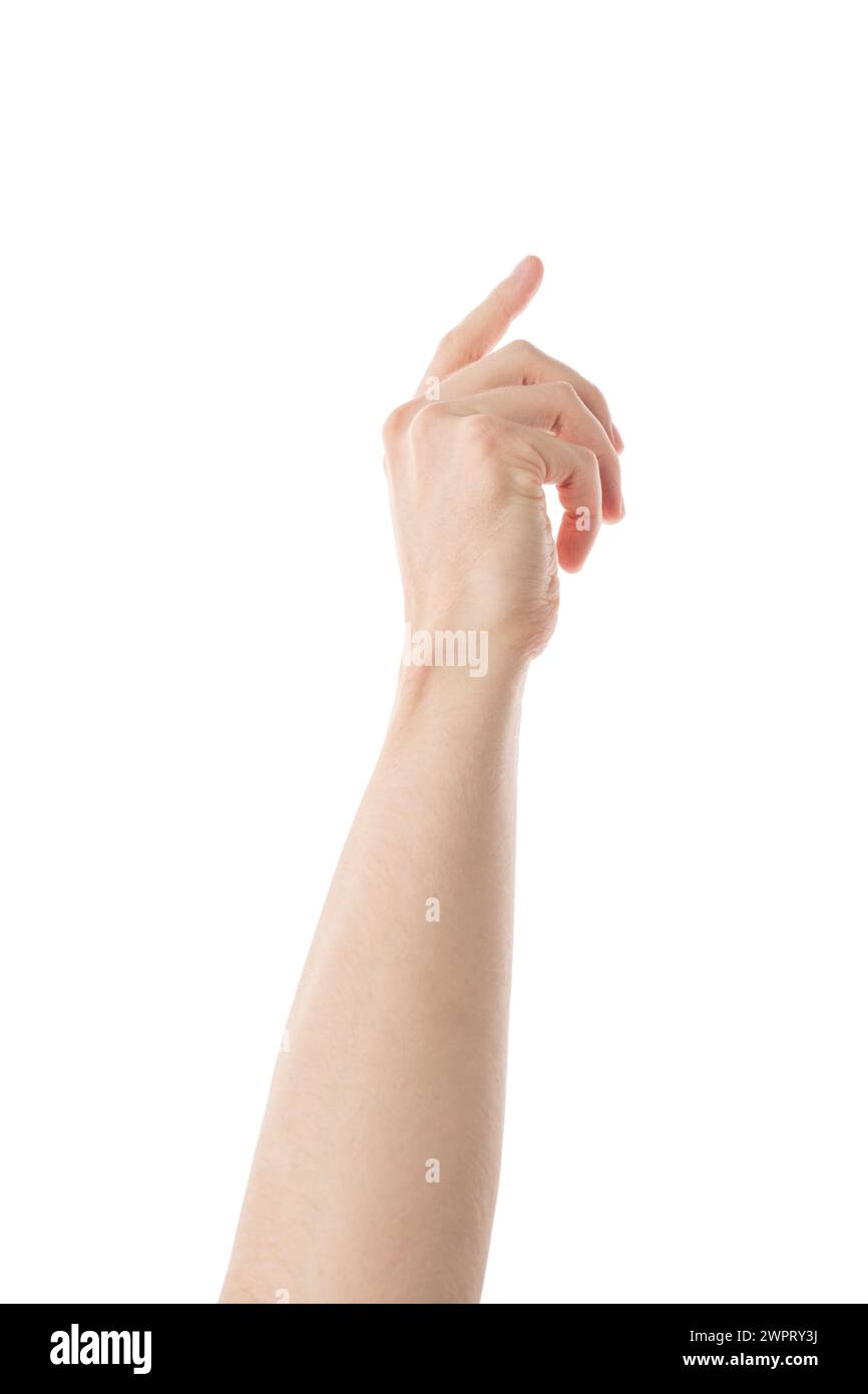 Adult man hand reaching gesture isolated on white background, high ...