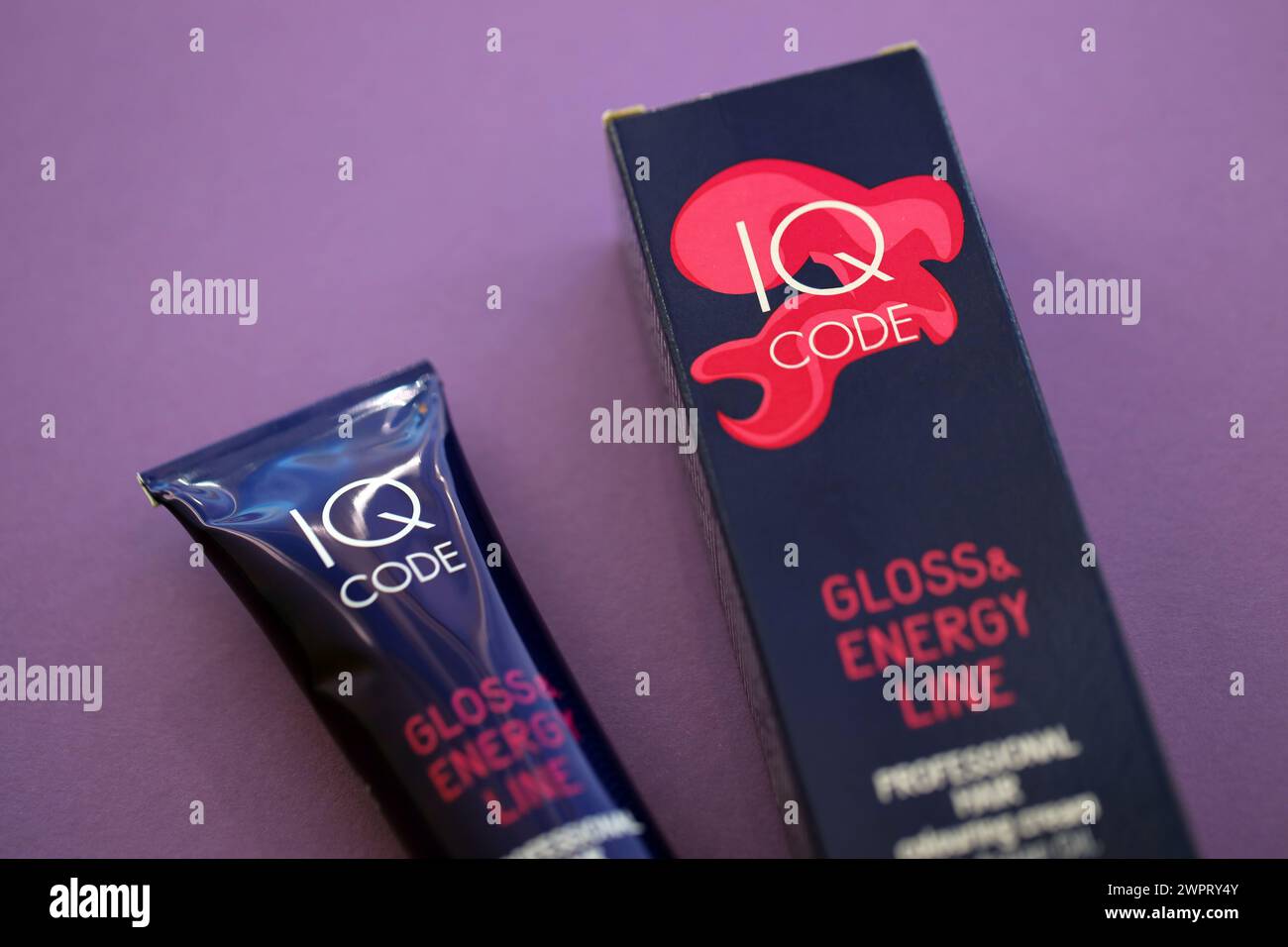 KYIV, UKRAINE - OCTOBER 31, 2023 Tube of IQ Code Gloss and Energy Line ...