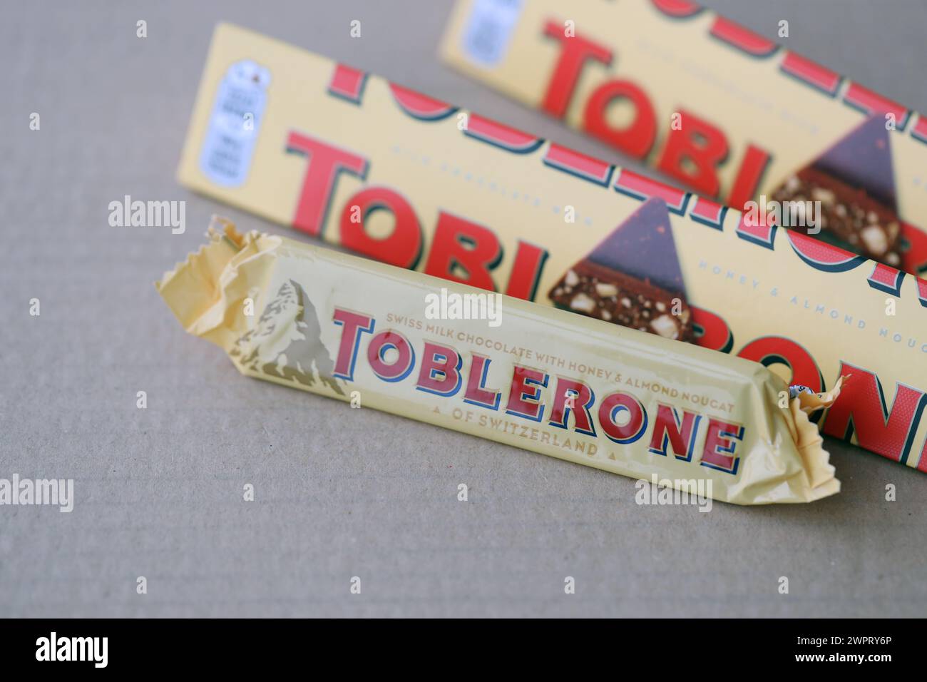 KYIV, UKRAINE - OCTOBER 31, 2023 Yellow Toblerone Chocolate Bar ...