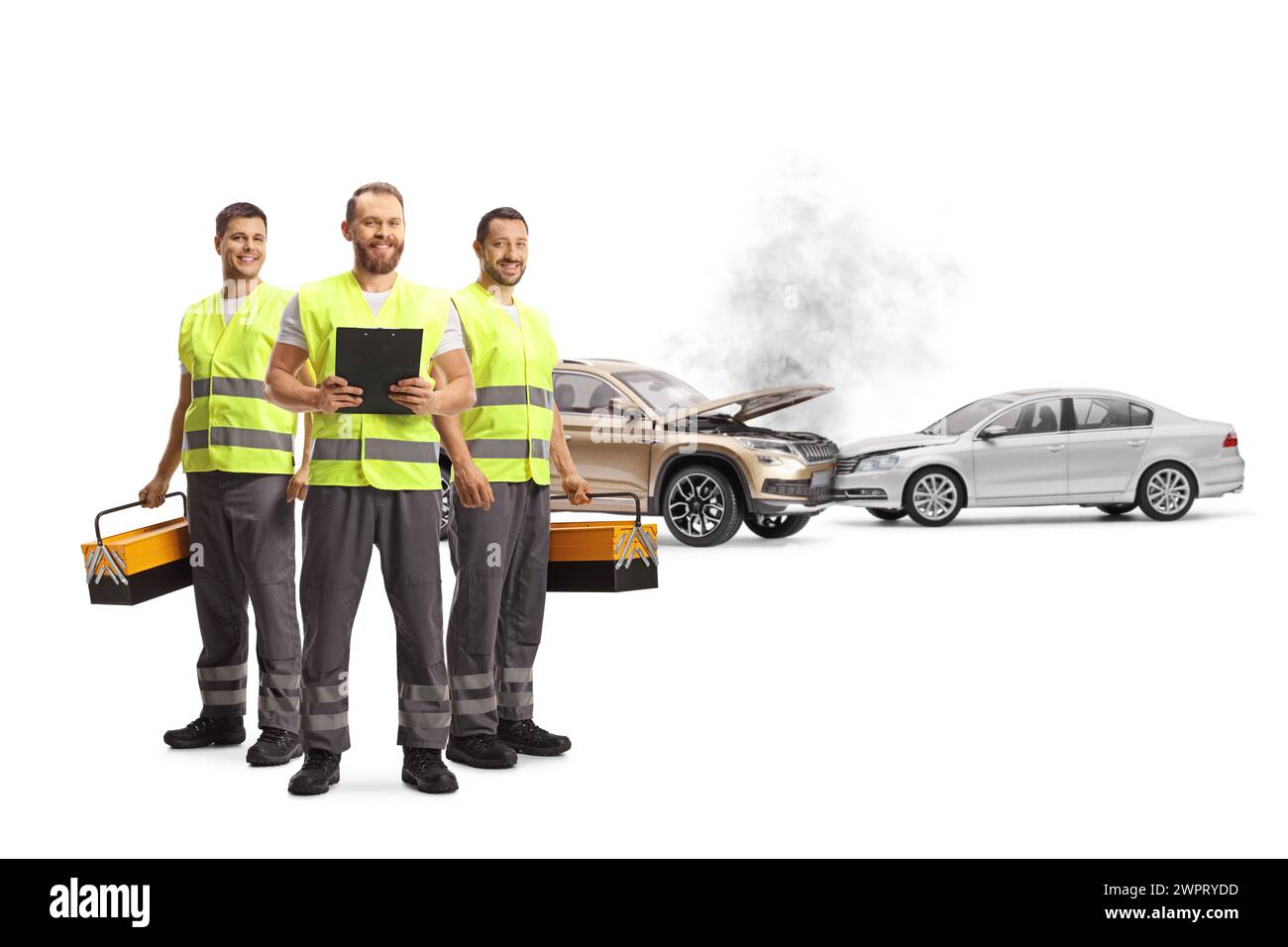 Roadside assistance employees responding at a car accident isolated on ...