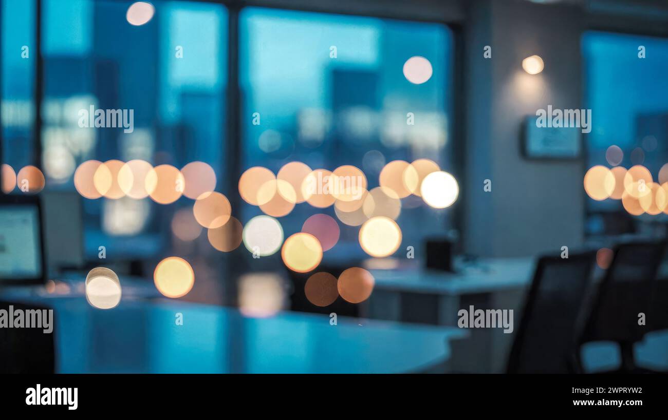 Blurred evening office environment captured in blue tones, showcasing ...