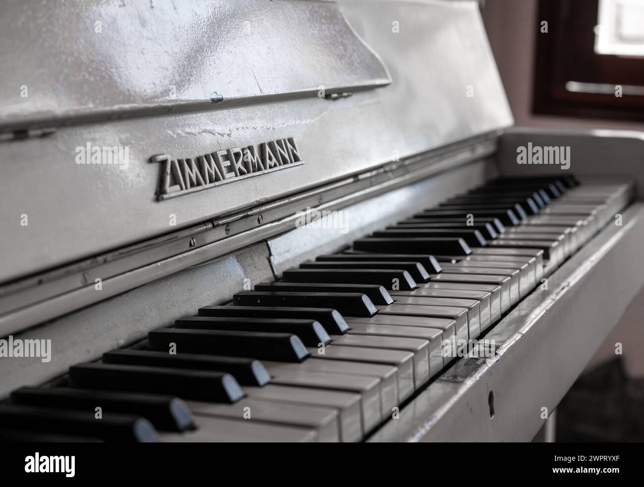 Germany, Berlin, 25 January 2024: Closeup of old Zimmermann piano ...