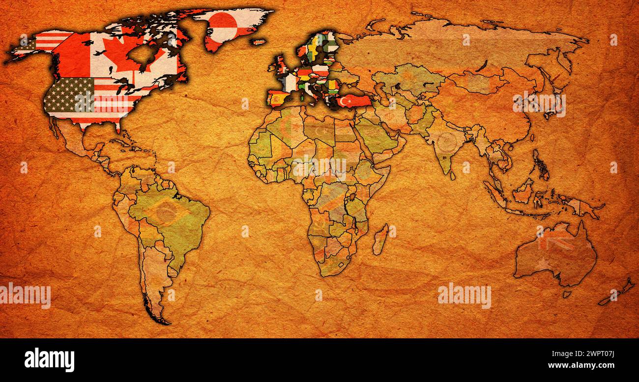 NATO territory on world map in 2024 with national flags Stock Photo - Alamy