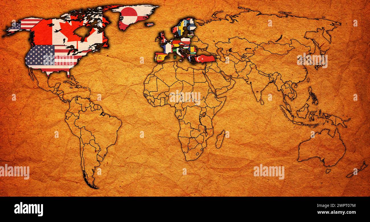 NATO territory on world map in 2024 with national flags Stock Photo - Alamy