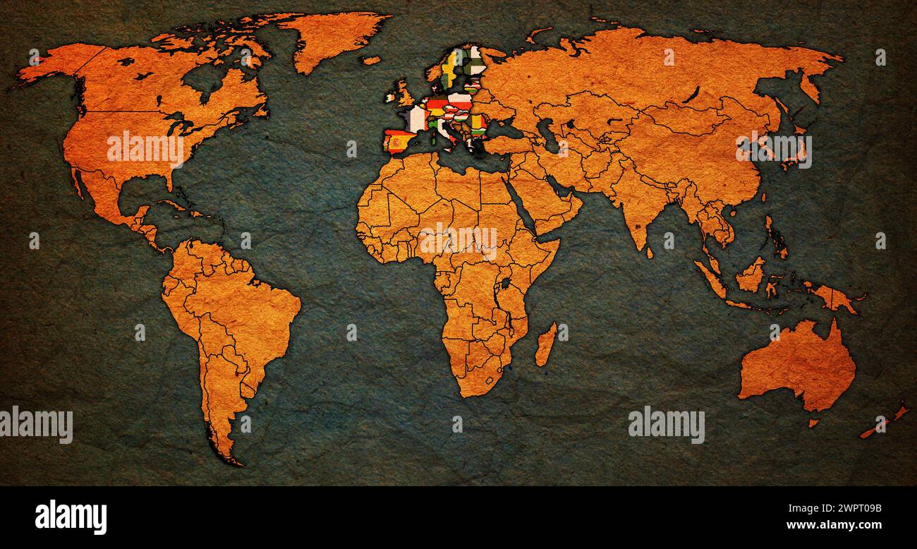 European Union territory on world map in 2024 with national flags Stock ...