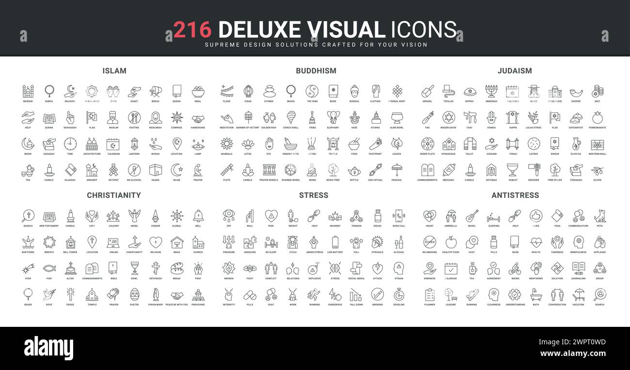 Religion, stress and antistress technology, mental health line icons ...