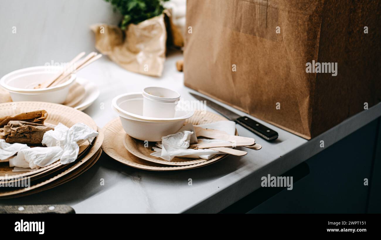 Disposable Eco-Friendly Plates and Utensils After Use Stock Photo - Alamy