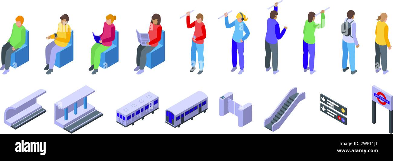 People inside subway icons set isometric vector. Transport metro ...