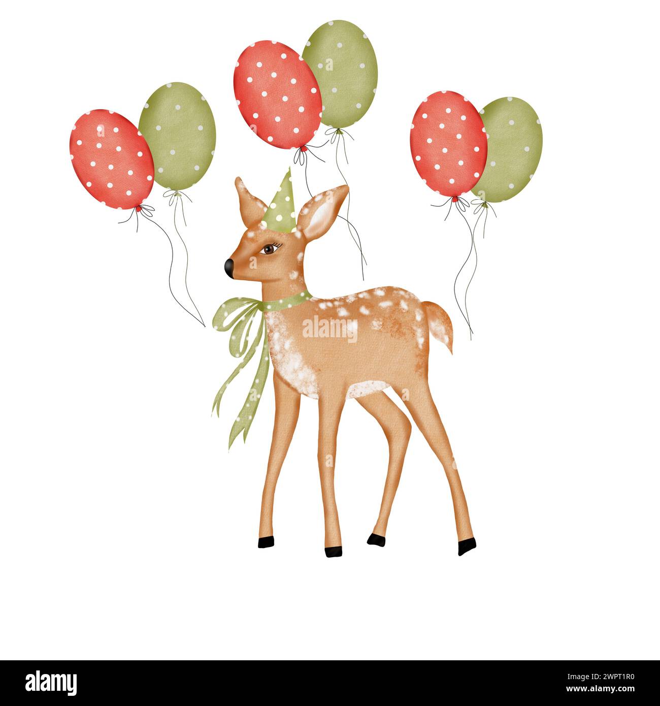 Fawn watercolor. Birthday composition of a baby deer with balloons and ...