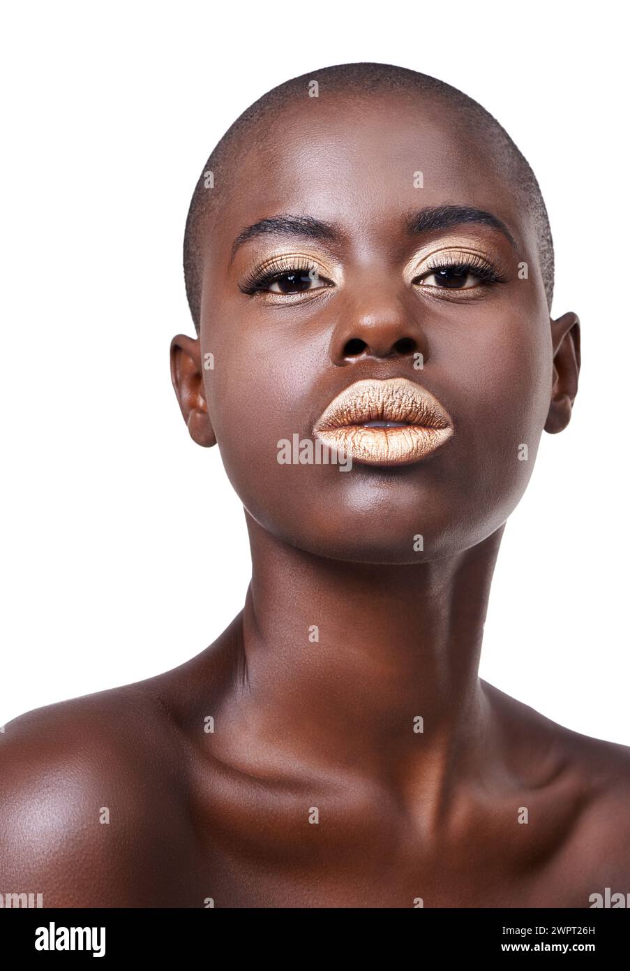 Portrait of black woman, beauty or makeup with lipstick, cosmetics or ...