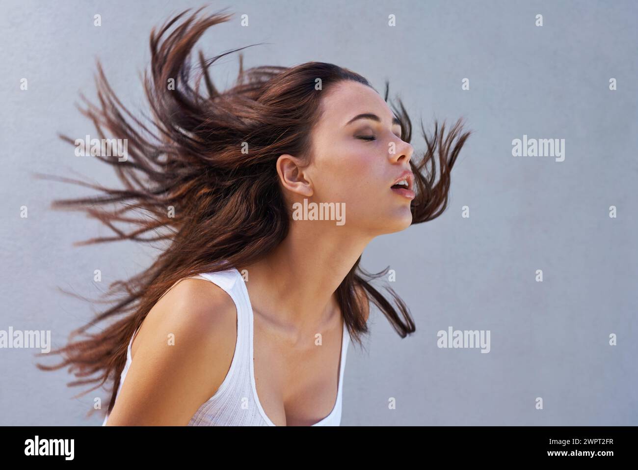 Woman, hair or shake as hairdressing, hairstyle or promo of healthy ...