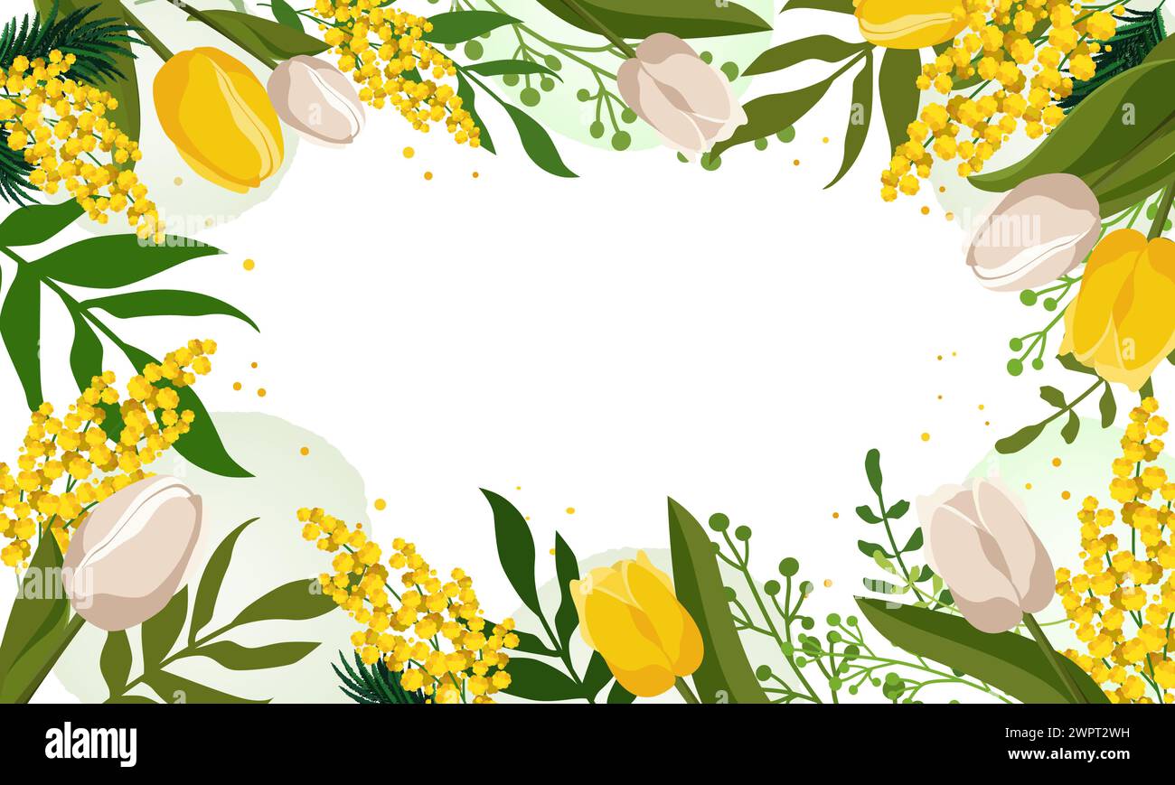 Spring rectangular frame with yellow tulips and mimosa for words and text. Vector background ...