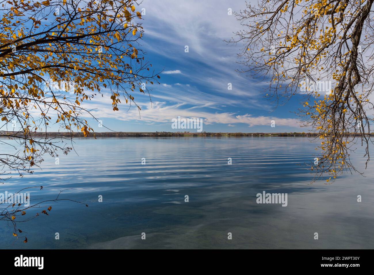 Big Stone Lake - A calm reflective scenic lake landscape during autumn ...