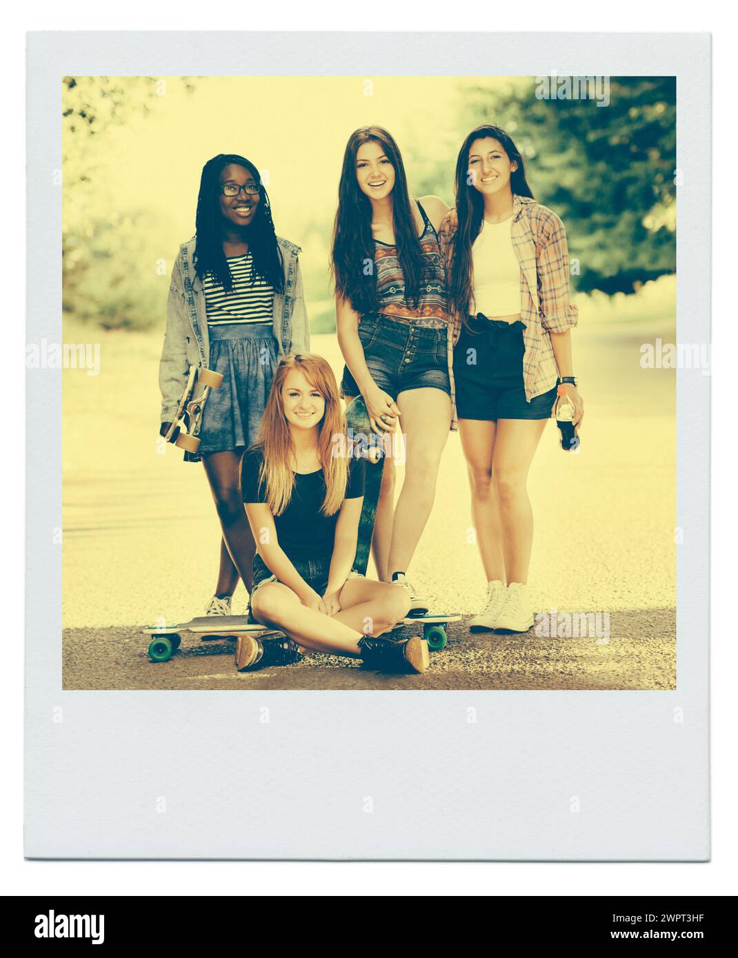 Women, friends and group portrait in nature as polaroid picture for ...