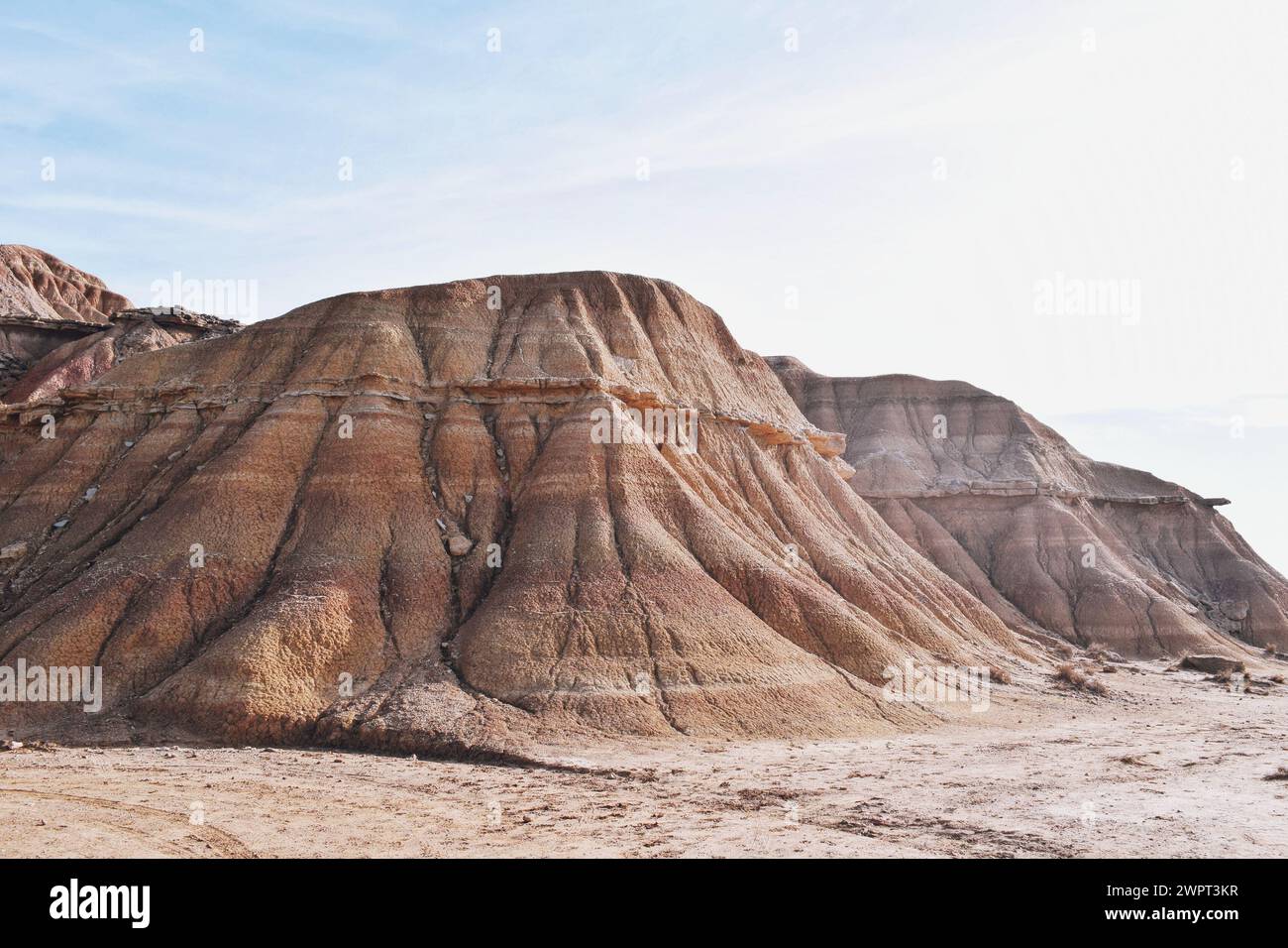 Desert landscape with various abstract geological forms in the Bardenas ...